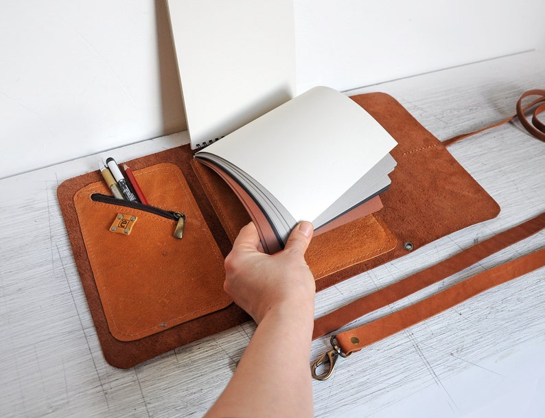 Leather sketchbook case with pen holder and cross body strap | Etsy