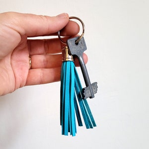Leather Tassel Keychain, Blue Tones Tassel Key Fob With Metal Cup and ...