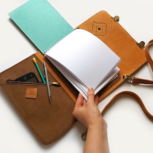 Handmade Leather Sketchbook Case With Crossbody Strap, Personalized ...