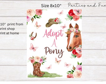 Adopt a Pony Sign Horse Party Sign Table Decor Floral Horse Birthday ...