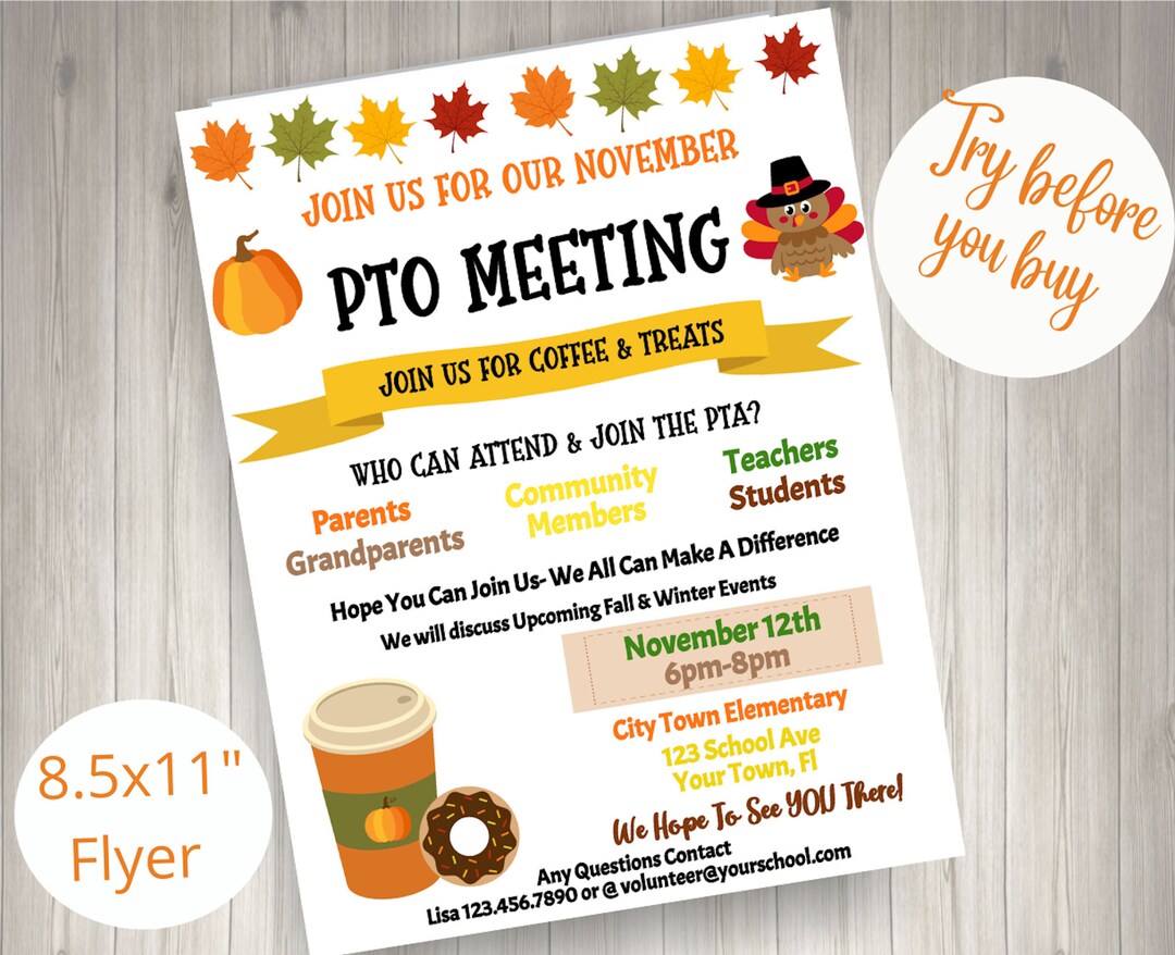 EDITABLE PTO Fall Meeting PTA Meeting November Informational Flyer ...
