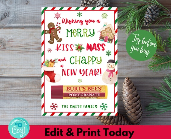 Merry Kissmas Printable Tag Chappy New Year Tag Holiday Lip Balm Tag ...