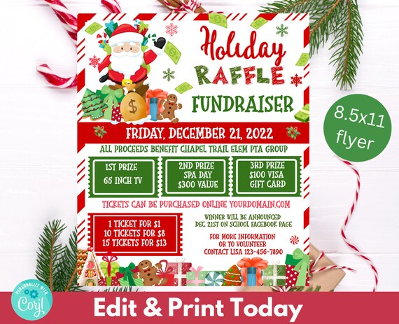 Christmas Raffle Ticket Fundraiser Flyer, Holiday split the pot Raffle ...