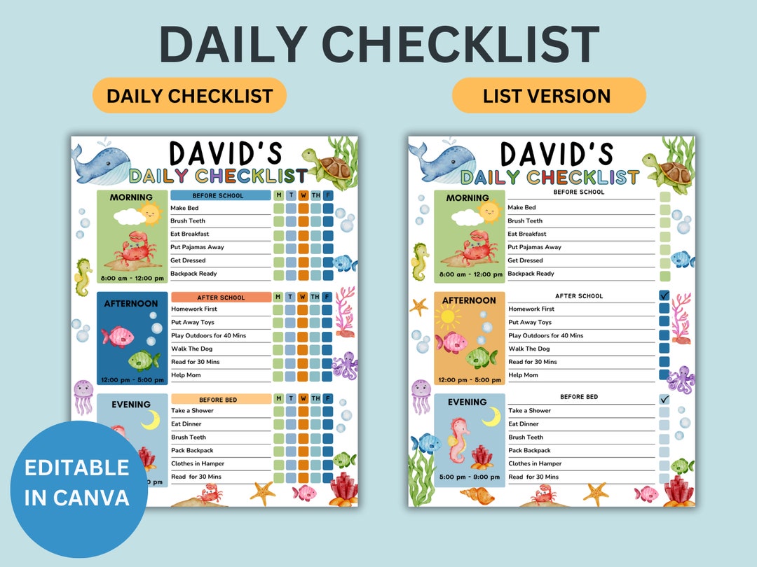 Ocean Animals Chore Chart Chore Chart Printable Kids Daily Weekly ...