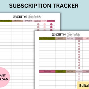 Editable Subscription Tracker Printable Subscription Log Expense ...