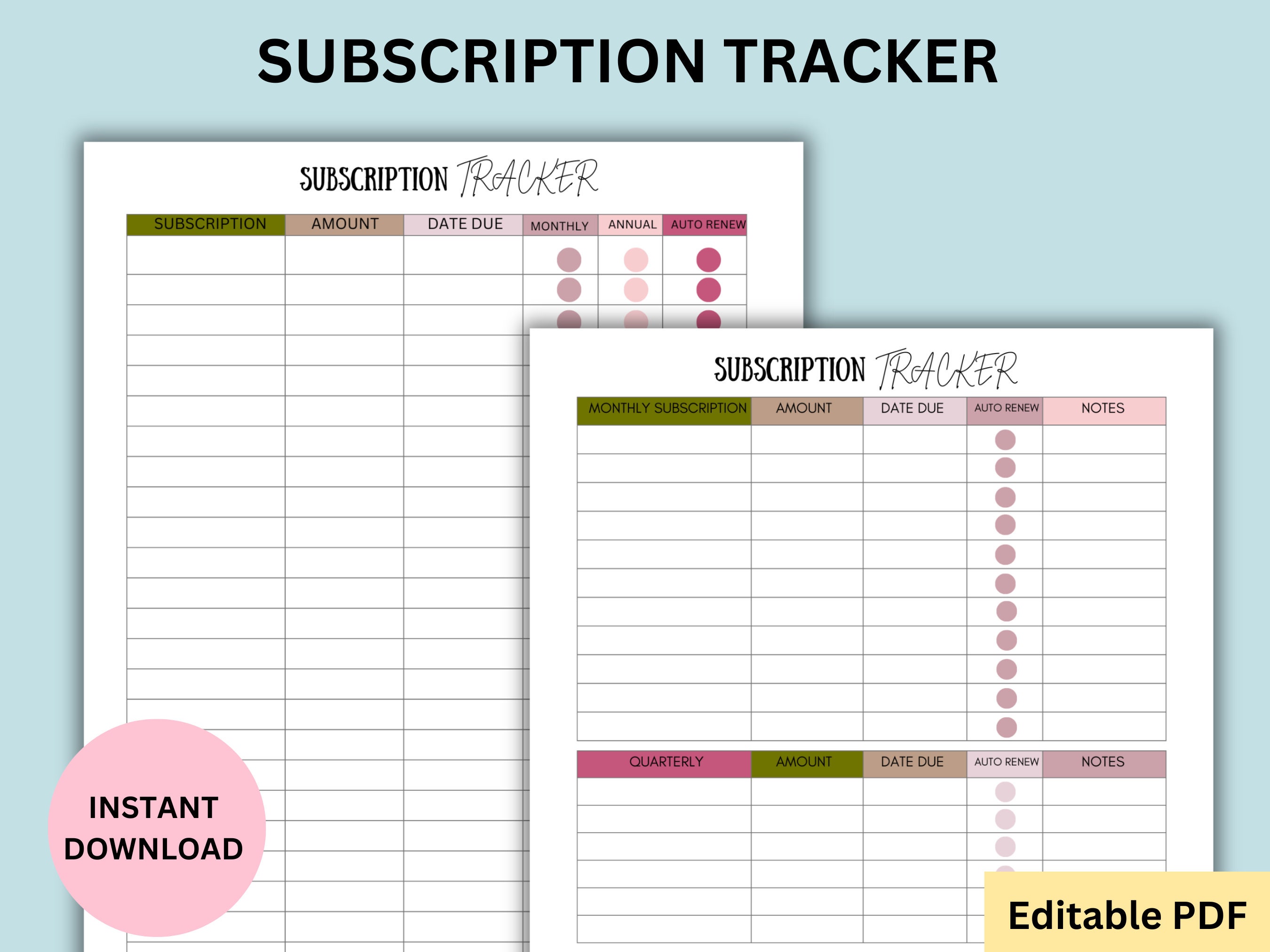 Editable Subscription Tracker Printable Subscription Log Expense ...