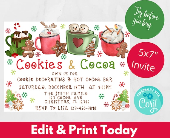 Cookies & Cocoa Party Invitation, Editable Cookie Decorating Party, Hot ...