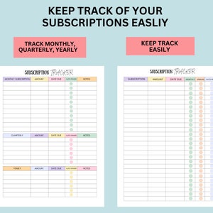 Editable Subscription Tracker Printable Subscription Log Expense ...