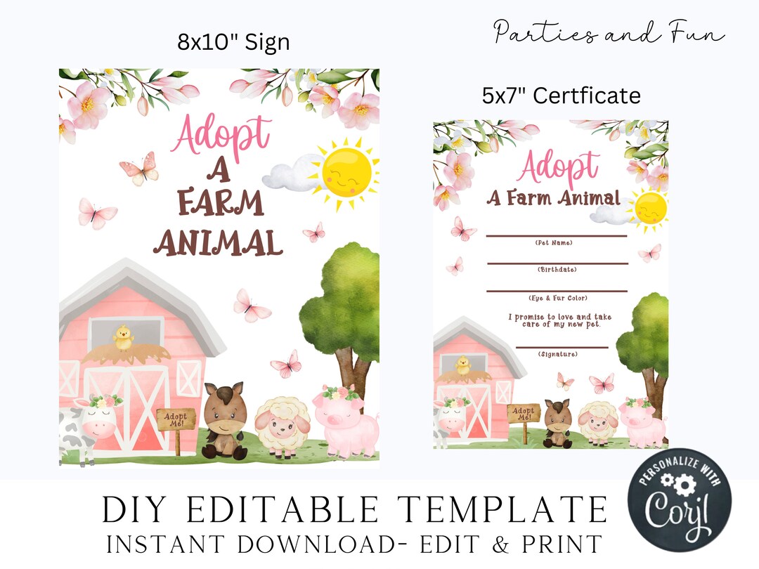 Adopt a Farm Animal Editable Girls Pink Farm Sign Farm Pet Adoption ...