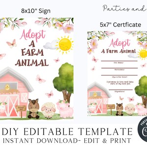 Adopt a Farm Animal Editable Girls Pink Farm Sign Farm Pet Adoption ...