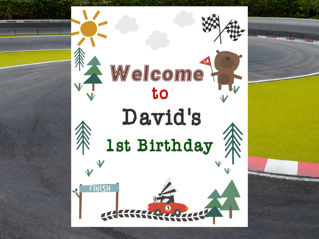 Race Car Welcome Sign Woodland Birthday Editable Sign Welcome Sign 1st ...