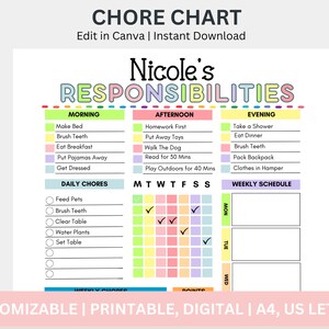 Editable Responsibility Chore Chart for Kids Daily Weekly Schedule ...
