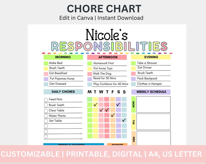 Editable Responsibility Chore Chart for Kids, Rainbow Responsibility ...