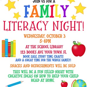 Family Literacy Night Flyer Printable School Flyer PTA Flyer PTO Flyer ...