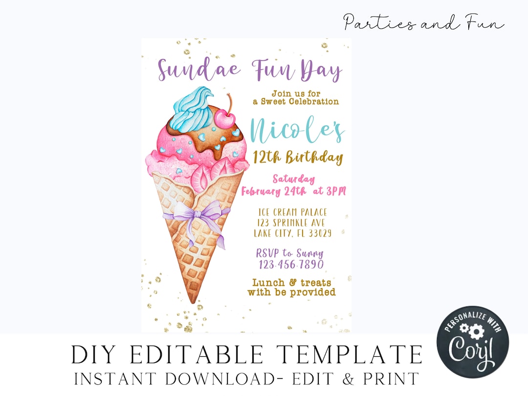 Ice Cream Birthday Invitation for Sundae Party Fun Birthday Invite With ...