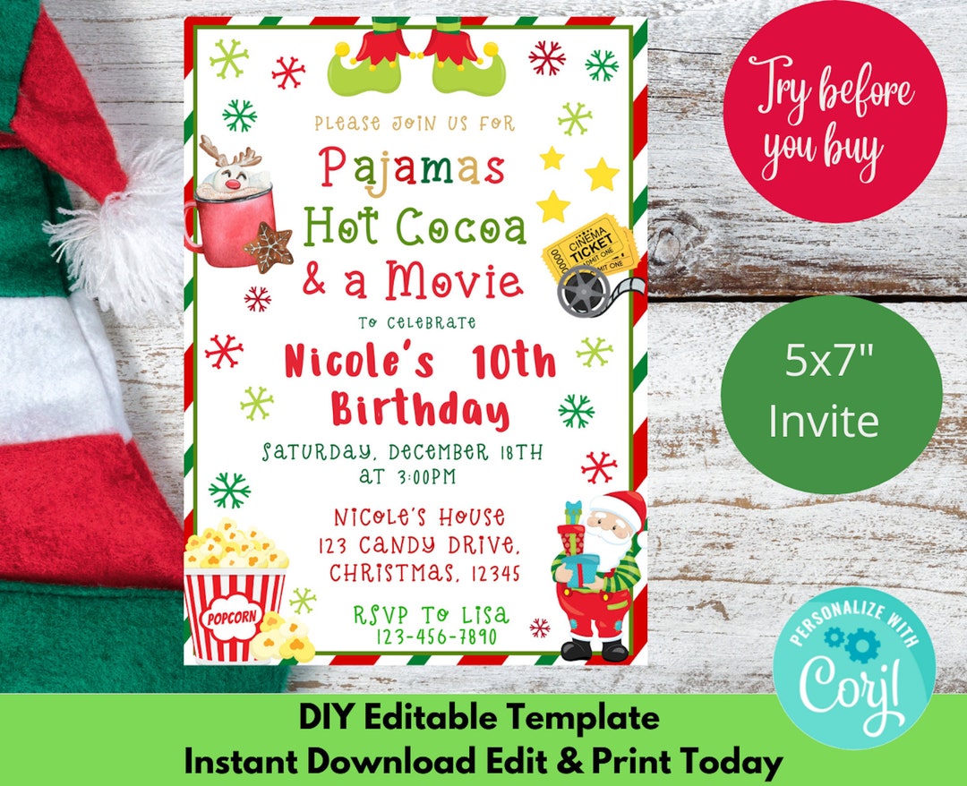 Christmas Movie Night Invitation, Kids Holiday Birthday Invite School ...