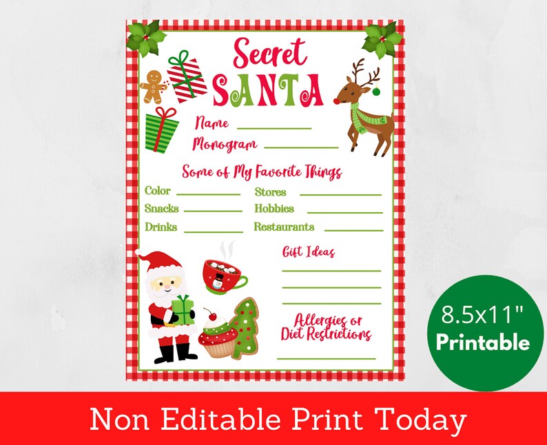 Secret Santa Questionnaire Survey Holiday Gift Exchange Survey | Etsy