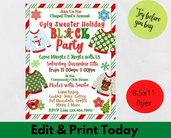 EDITABLE Holiday Block Party Flyer Kids Christmas Party Invitation ...