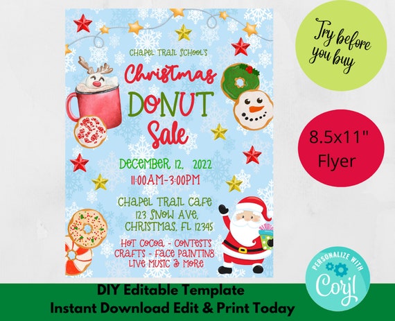 Christmas Donut sale flyer, EDITABLE template, fundraiser ideas, PTA ...