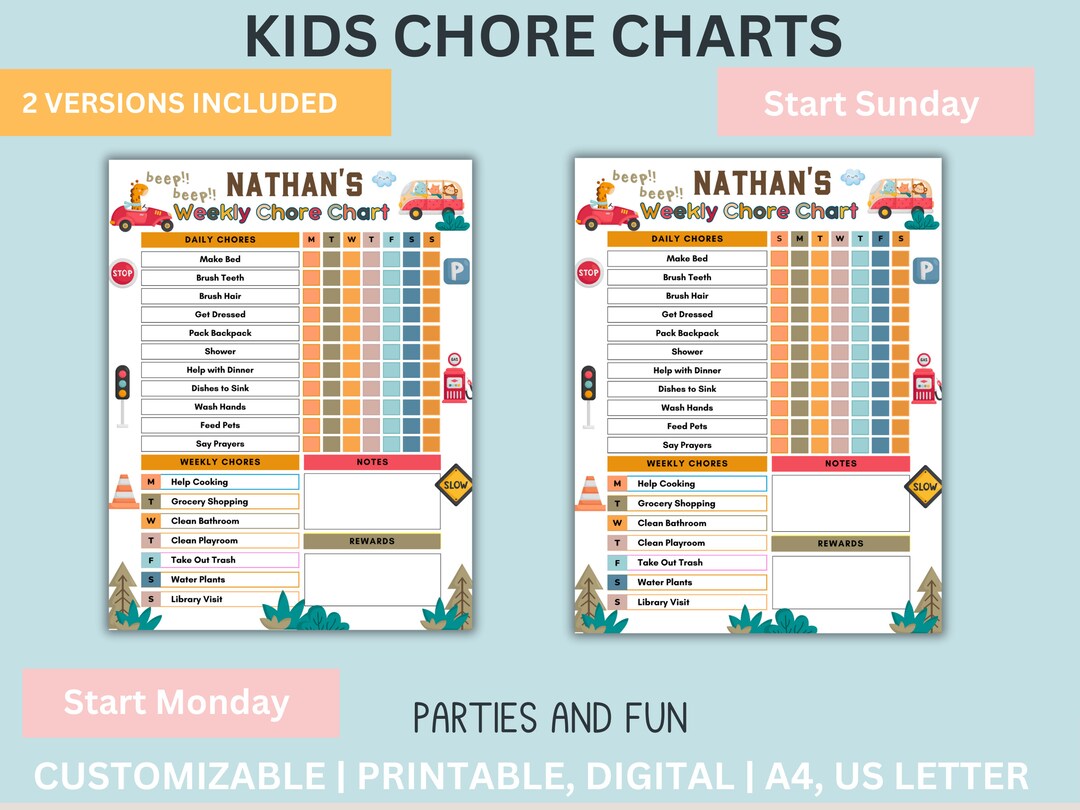 Boy Chore Chart for Kids Printable Kids Daily Animal Theme Weekly ...