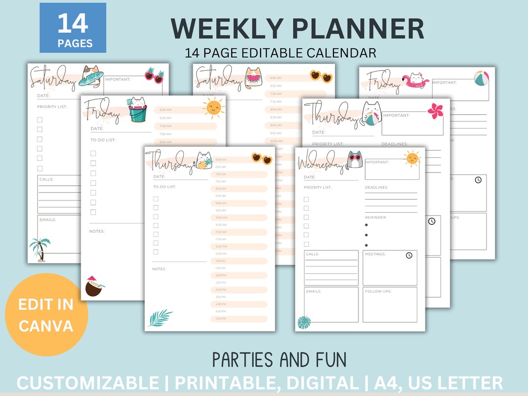 Cute Cats Editable Weekly Planner Checklist Printable Cats Weekly to Do ...