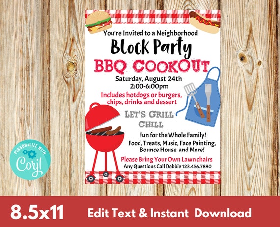 EDITABLE Neighborhood Block Party Invite Bbq Picnic Summer Party ...