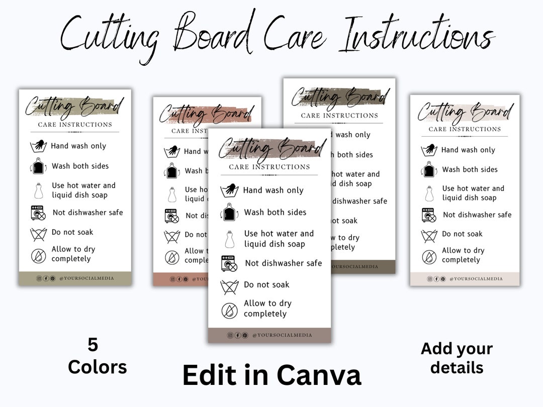 Ready to Print Cutting Board Care Card Template Printable Cutting Board ...