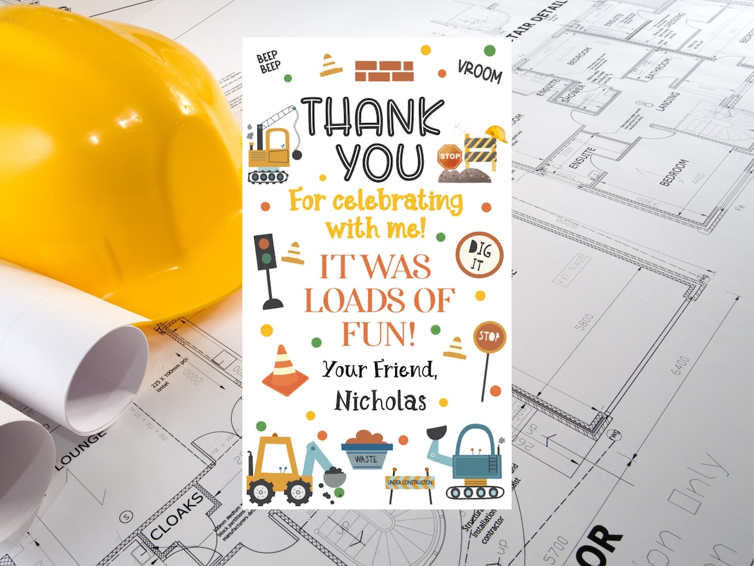 Construction Thank You Tag Favors Boy Birthday Thank You Tags ...