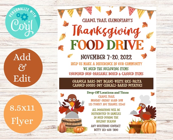 Thanksgiving Food Drive flyer Fall Food Drive Flyer Printable PTA PTO ...