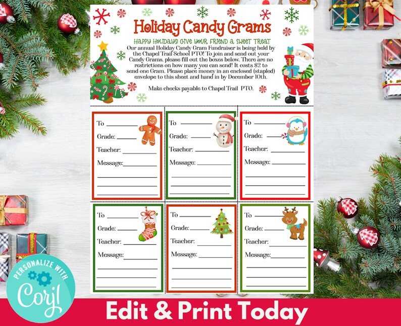 Christmas Candy Gram Flyer, Holiday Candy Gram Fundraiser, Santa Pto ...