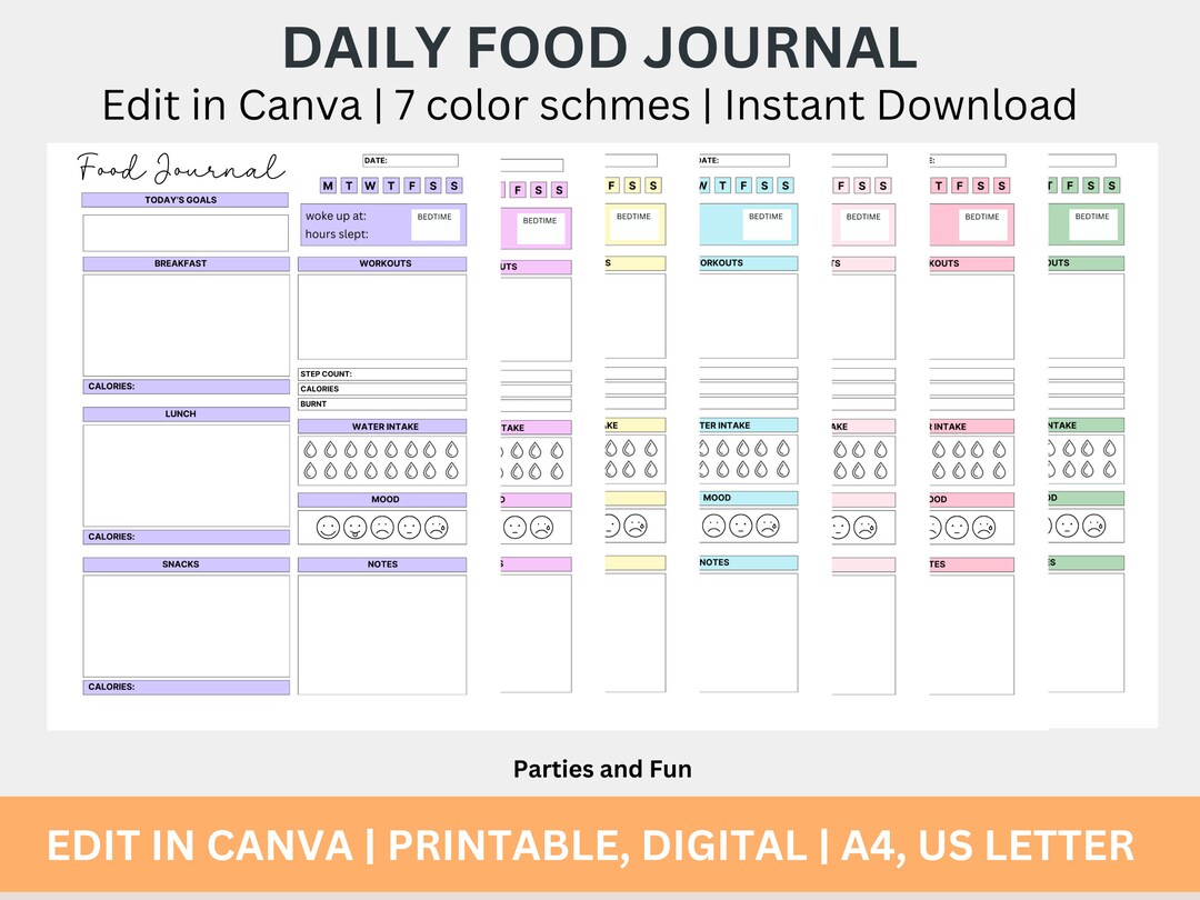 Editable Food Journal Printable Digital Food Diary Daily Food Journal ...
