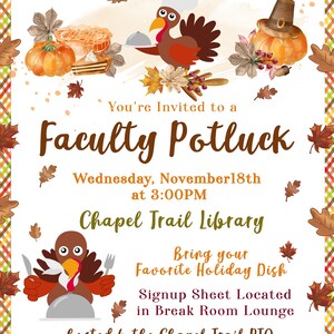 Thanksgiving Faculty Potluck Invitation, Potluck Sign up Sheet Fall ...