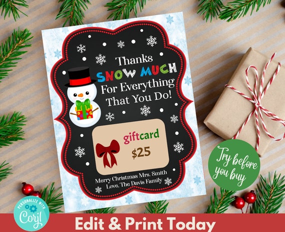 EDITABLE Christmas Thank You Snow Much Gift Card Holder, Printable ...