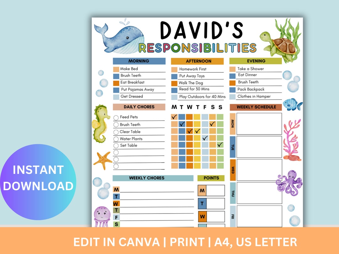 Chore Chart Editable Kids Ocean Animals Responsibility Chore Chart for ...
