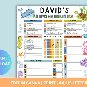 Chore Chart Editable Kids Ocean Animals Responsibility Chore Chart for ...