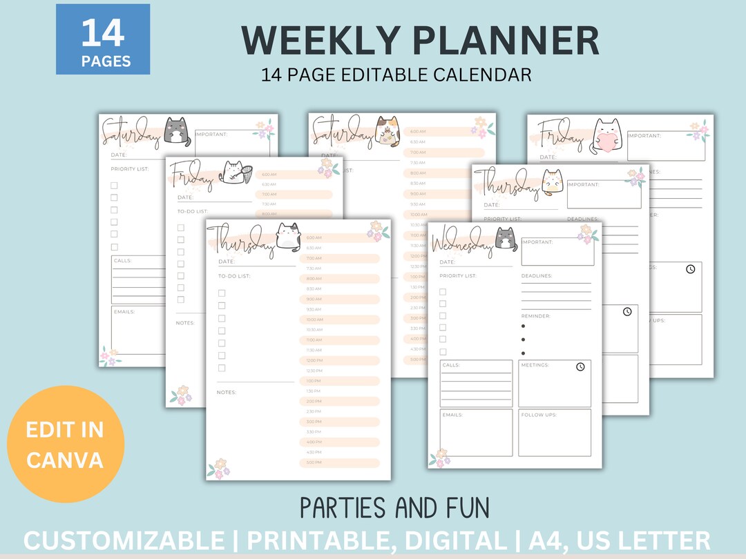 Editable Weekly Planner Checklist Cute Cats Printable Weekly to Do List ...