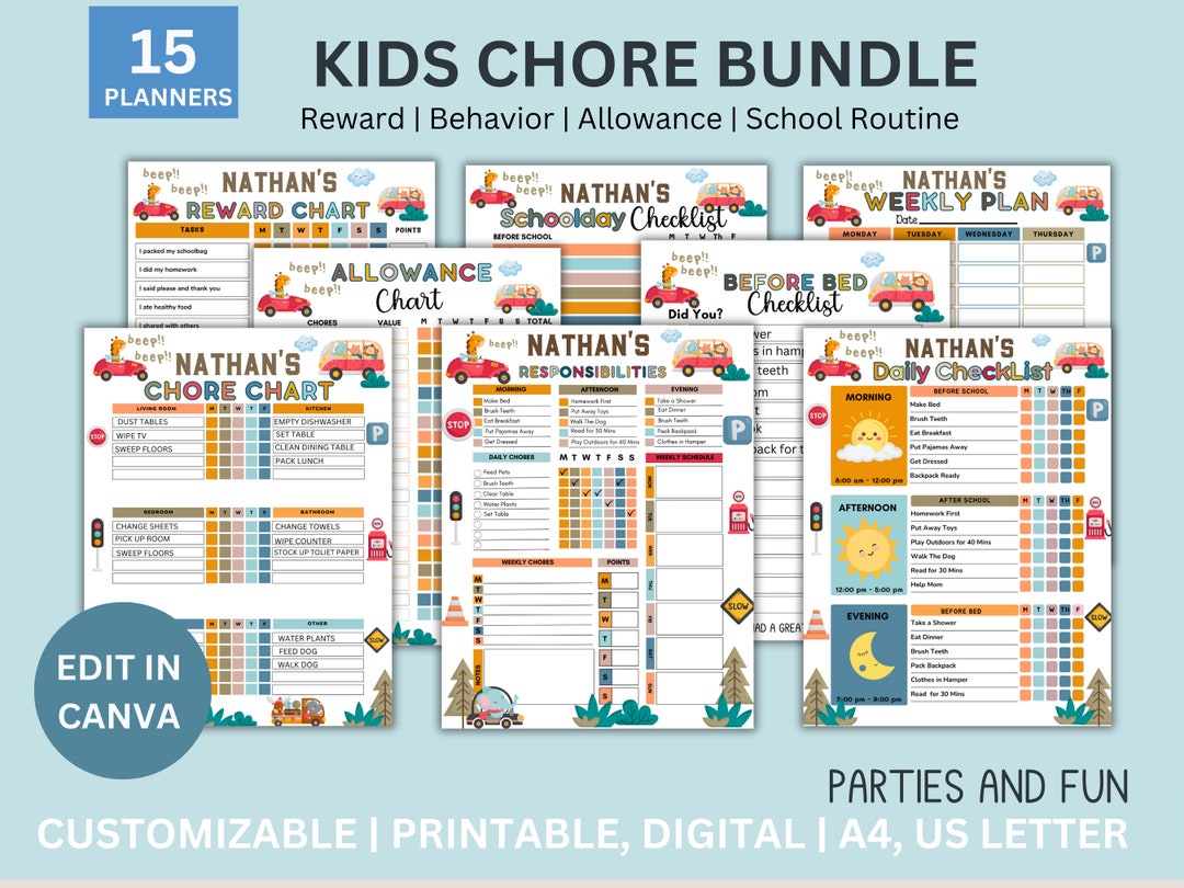 Boy Chore Charts Behavior Chart Kids Cute Animals Chore Chart Printable ...