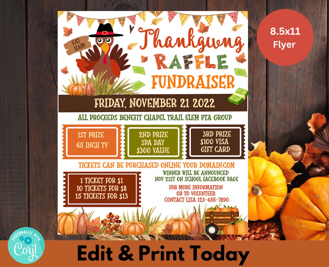 EDITABLE Thanksgiving Raffle Ticket Fundraiser Flyer Raffle - Etsy