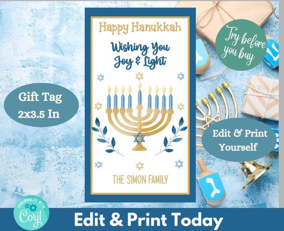 Hanukkah Gift Tag, Menorah Gift Tags, Happy Hanukkah Chanukah Gift Tag ...