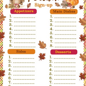 Thanksgiving Luncheon Sign up Sheet Potluck Sign up Sheet Office Party ...