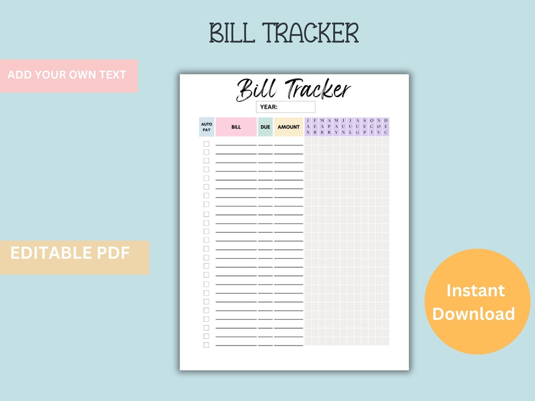 Editable Bill Tracker Yearly Bill Tracker Monthly Bill Tracker ...