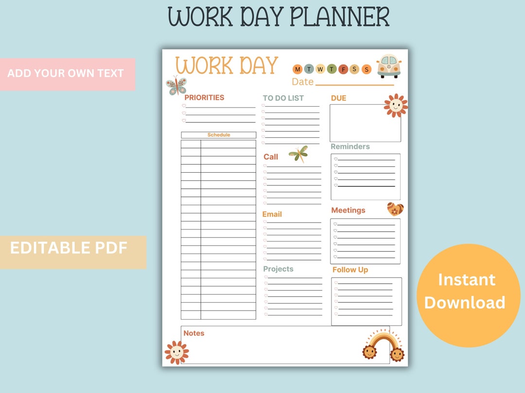 Groovy Peace Editable Work Day Planner Printable Work Day Organizer ...