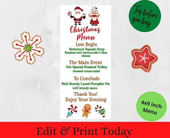 Editable Santa Menu Christmas Dinner Menu Card Holiday Menu Christmas ...