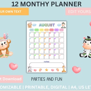 Tribe Animals Monthly Planner Printable Monthly Planner Kids Monthly ...