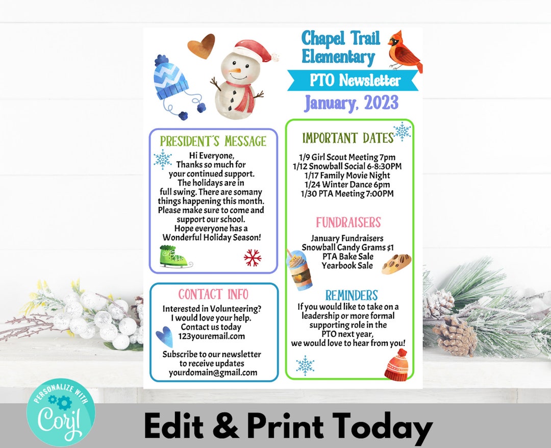 January Newsletter Editable Flyer Template, Winter School Newsletter ...