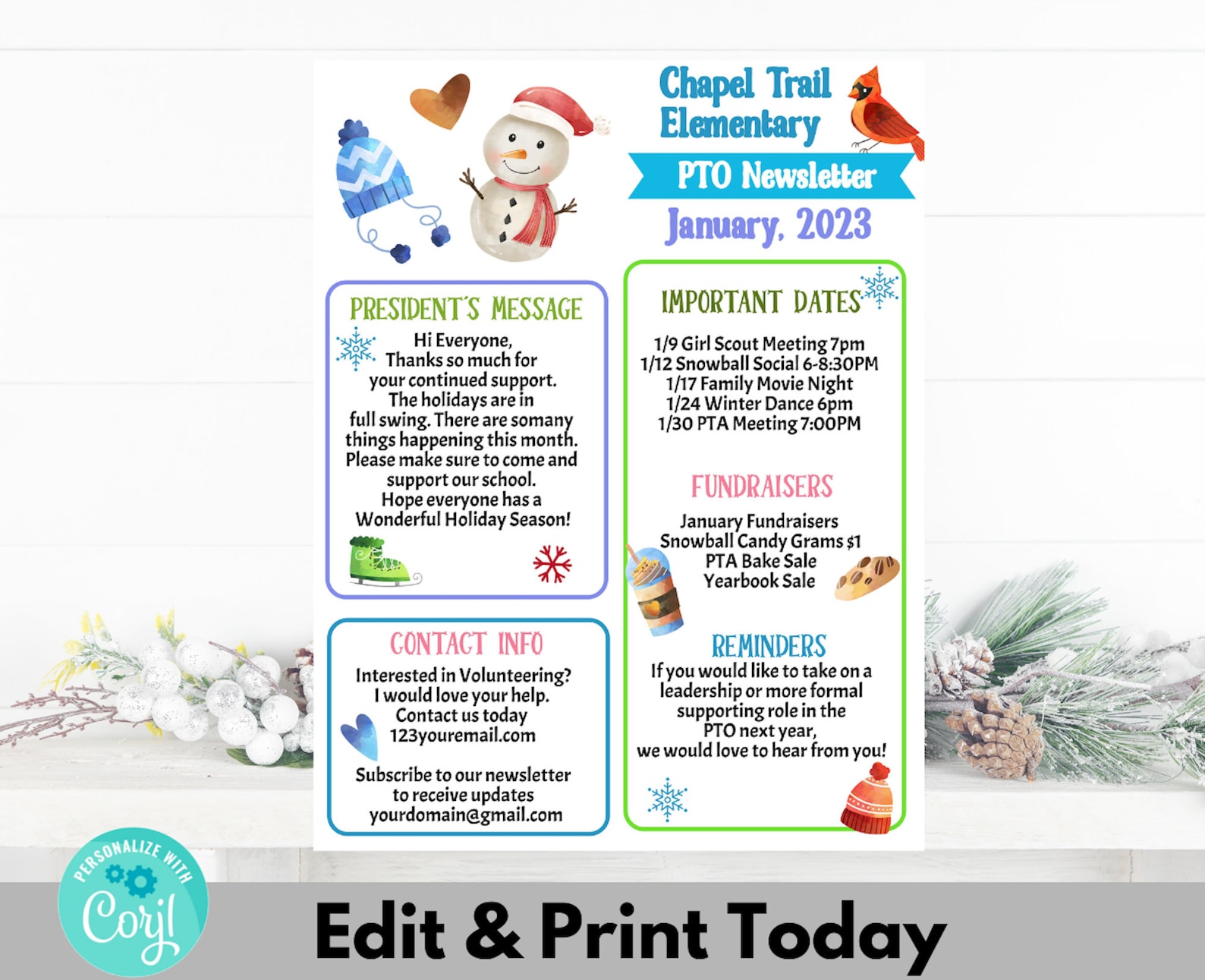 January Newsletter Editable Flyer Template Winter School - Etsy