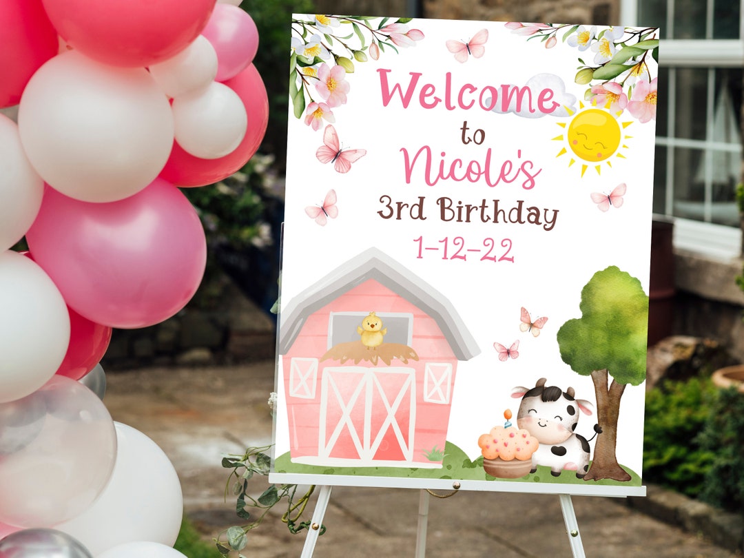 Editable Cow Birthday Welcome Sign Girl Barnyard Birthday Pink Cow ...