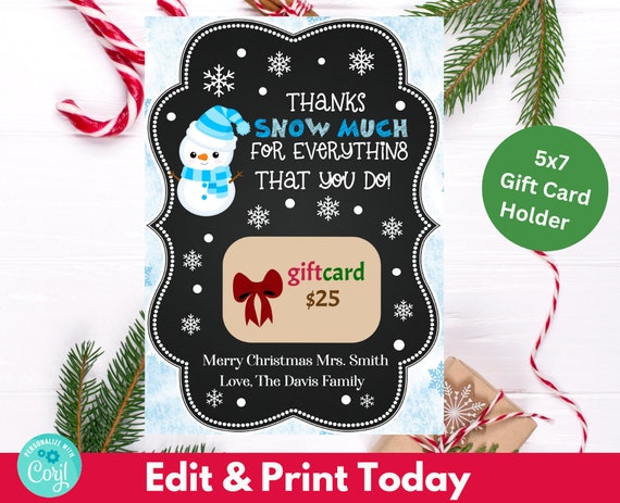 EDITABLE Christmas Thank You Snow Much Gift Card Holder, Xmas Gift Card ...
