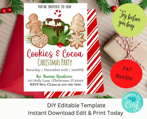 Cookies and Cocoa invitation, Christmas Party Invitation Template ...