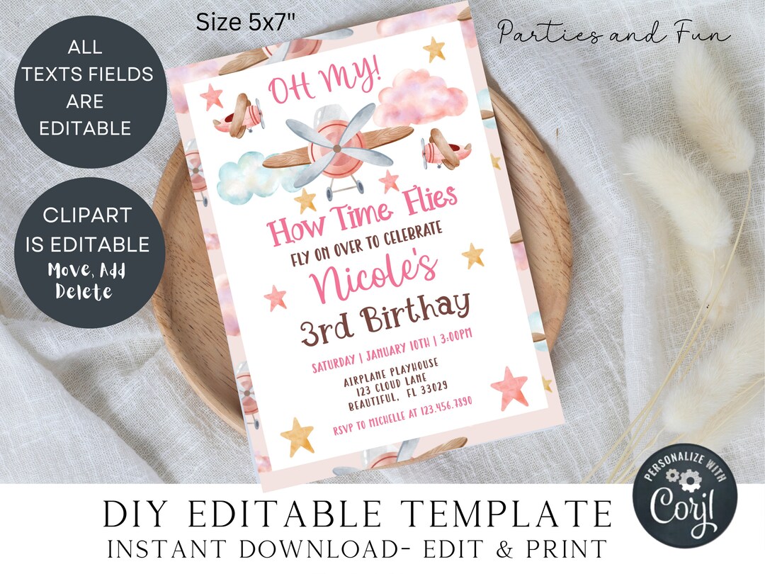 Editable Airplane Time Flies Birthday Invitation Pink Airplane Girl ...
